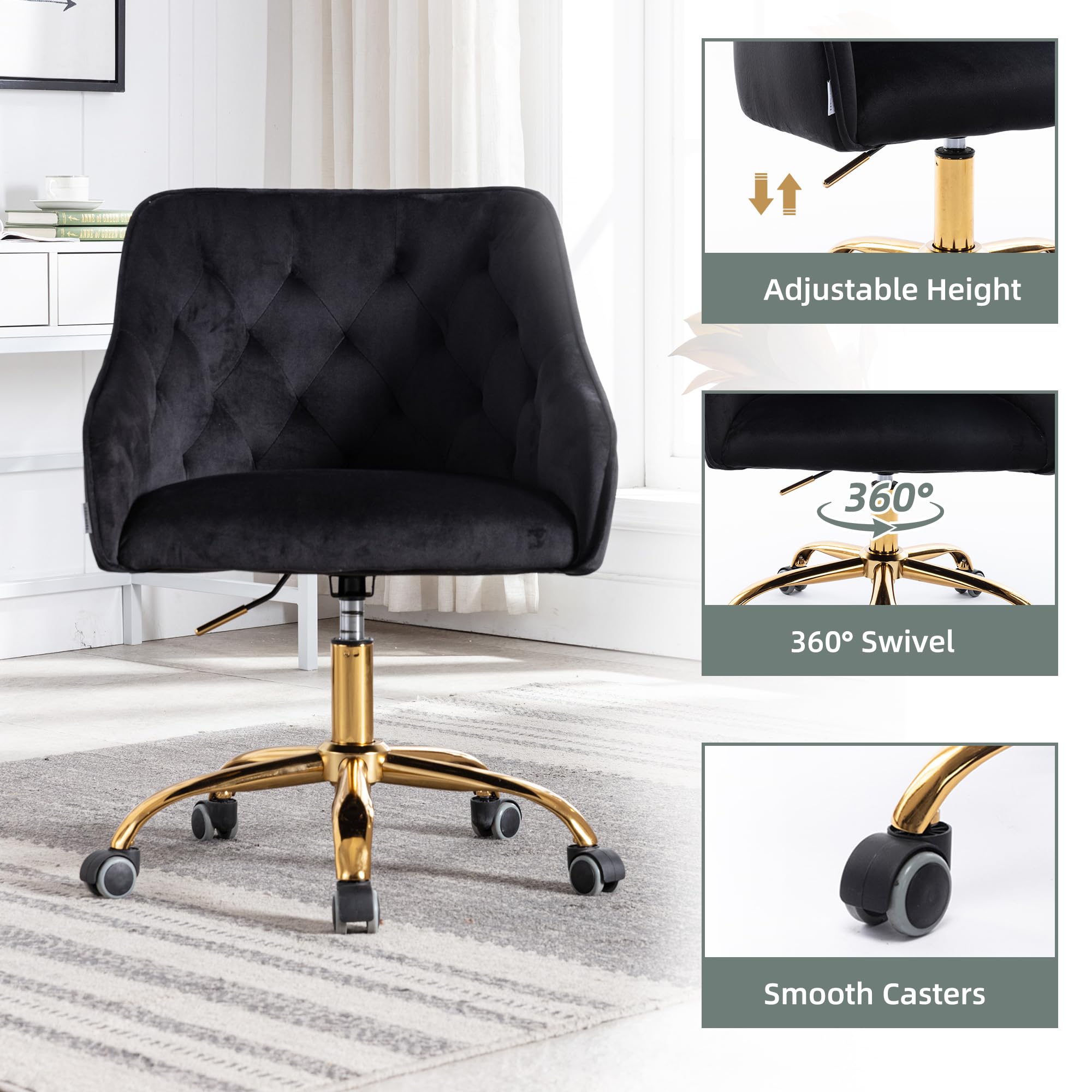 KUIKUI Velvet Desk Chair, Modern Office Chair, Wheels Swivel Height Adjustable Swivel Task Chair for Home Office,Black