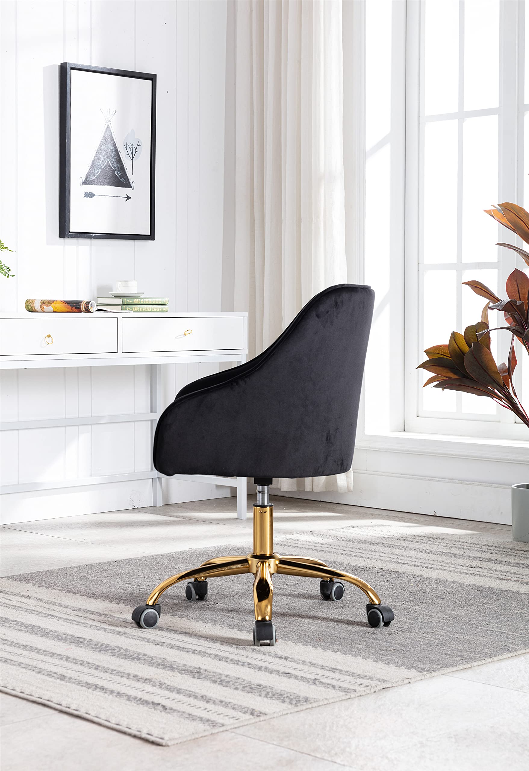 KUIKUI Velvet Desk Chair, Modern Office Chair, Wheels Swivel Height Adjustable Swivel Task Chair for Home Office,Black