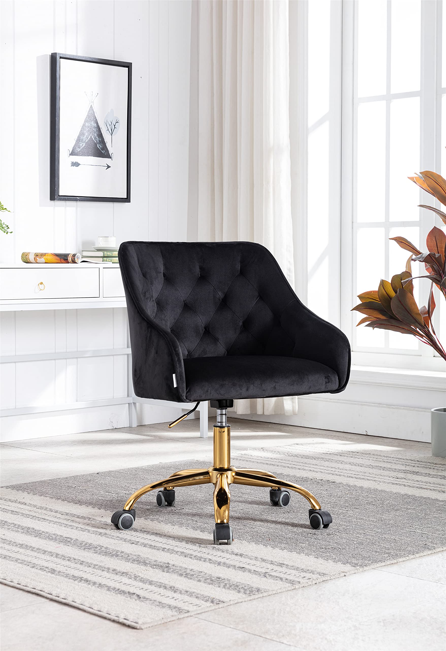 KUIKUI Velvet Desk Chair, Modern Office Chair, Wheels Swivel Height Adjustable Swivel Task Chair for Home Office,Black