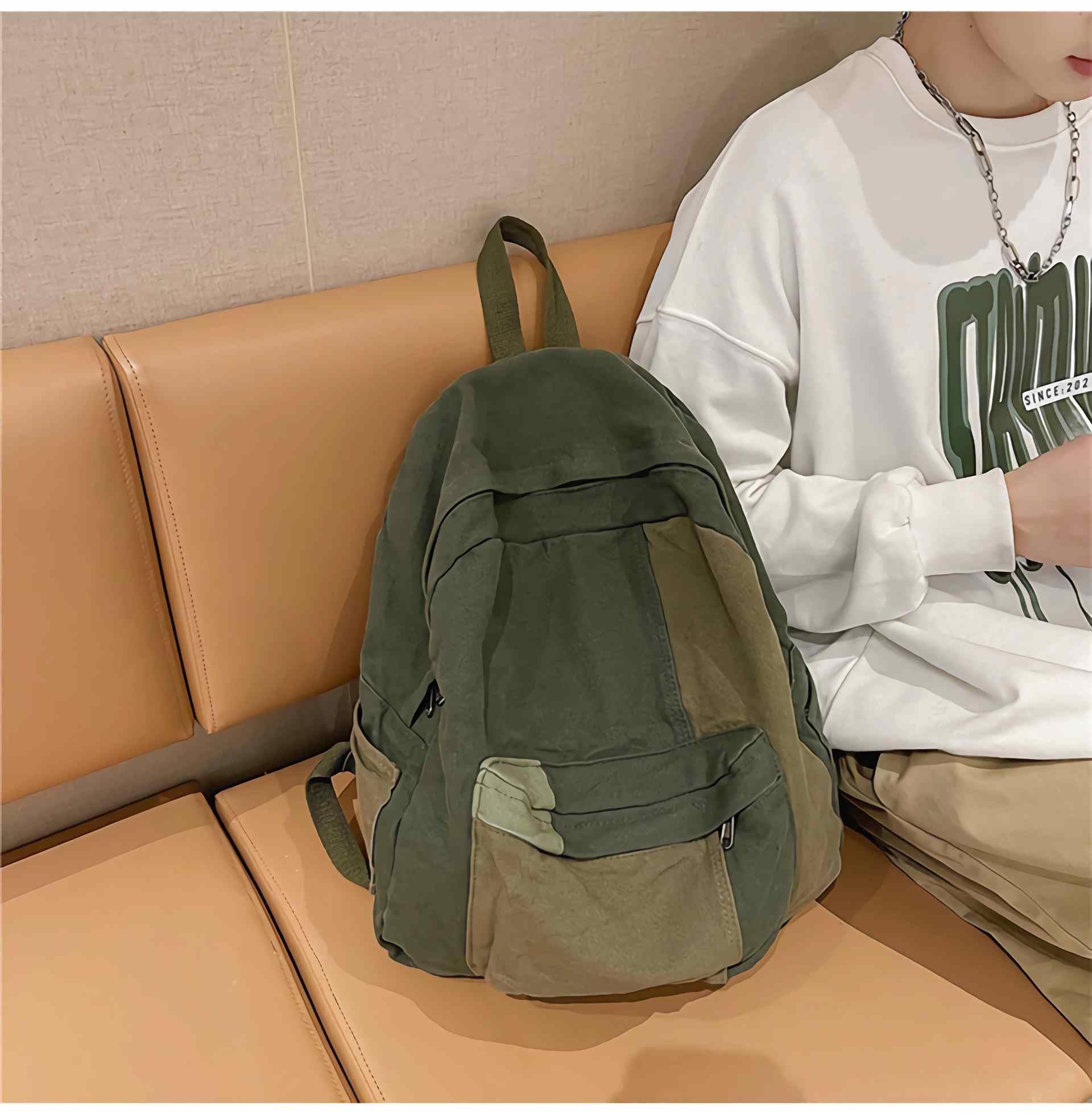 Lefe Liee vintage aesthetic canvas backpack for women men, hippie green small rucksack boho grunge bags, hemp lightweight day pack, casual daypack sage green japanese high y2k backpack