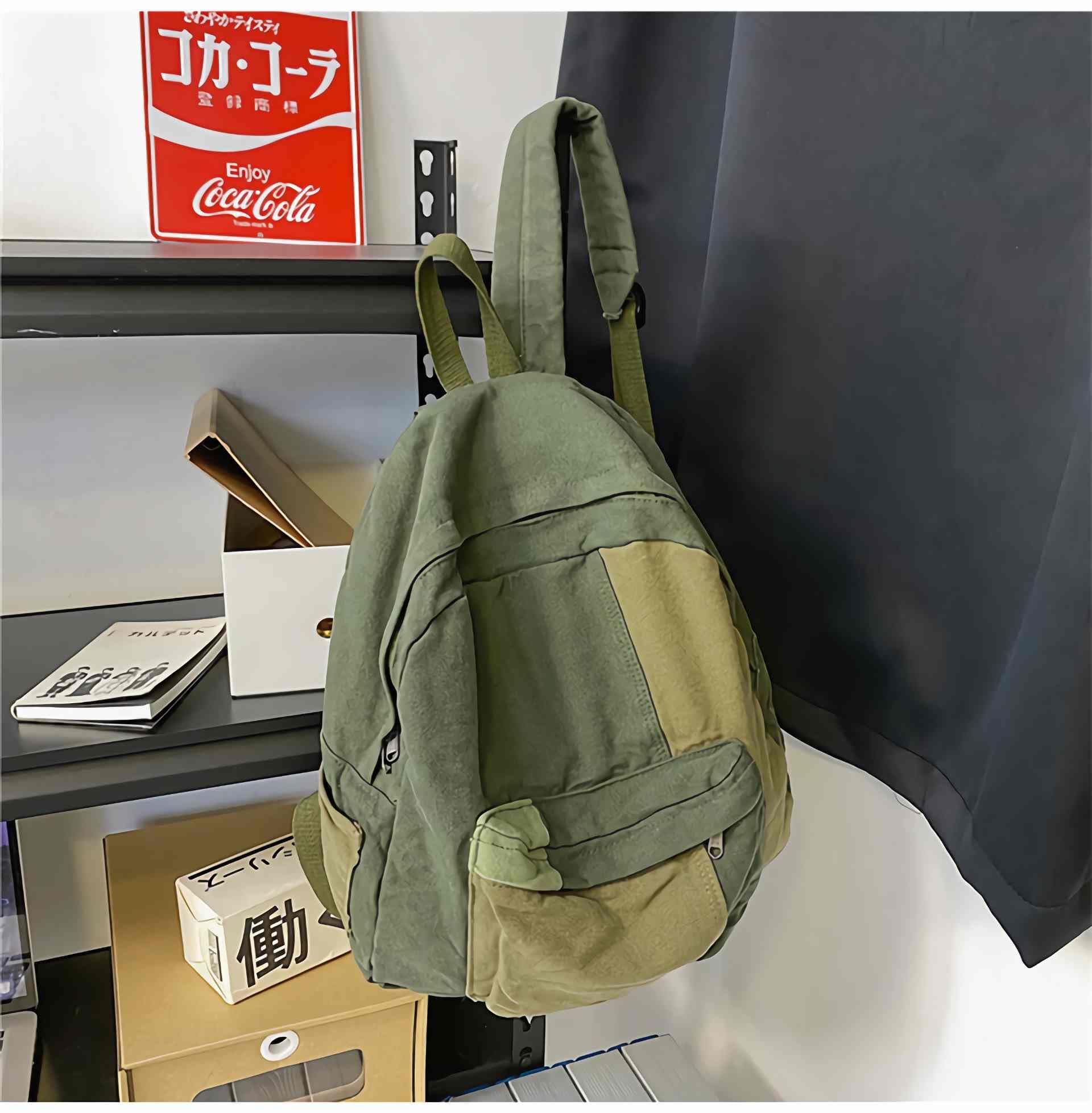 Lefe Liee vintage aesthetic canvas backpack for women men, hippie green small rucksack boho grunge bags, hemp lightweight day pack, casual daypack sage green japanese high y2k backpack