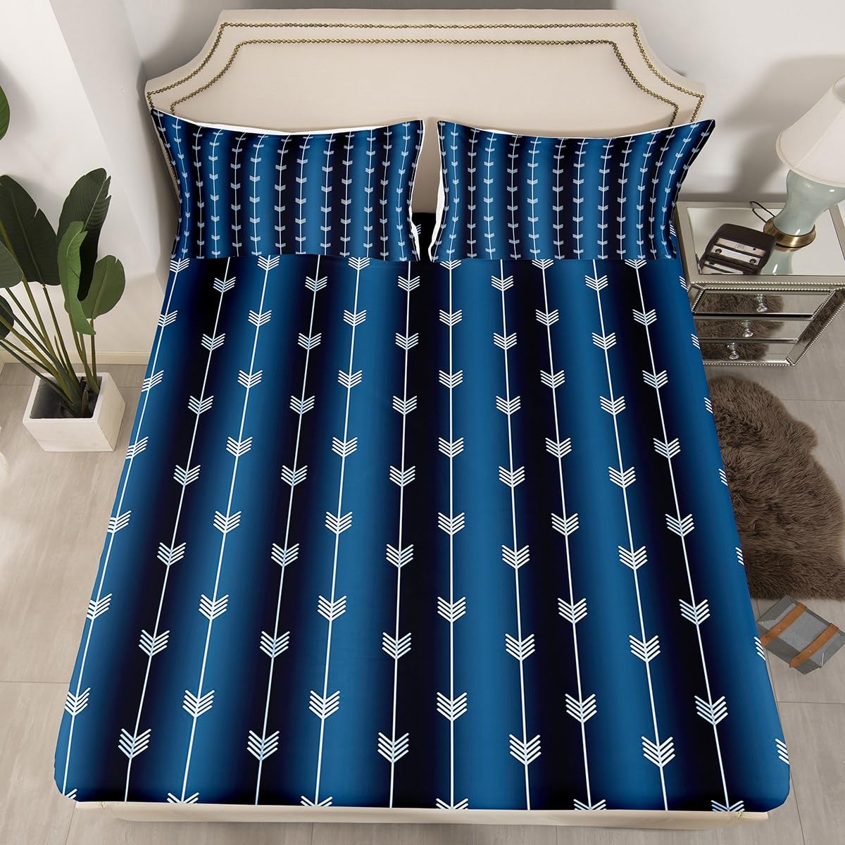 Kids Arrow Sheet Set Full Size Wild Hunting Bed Sheets Set for Boys Girls Teens Bedroom Decor Ombre Blue Black Arrow Sheets with Deep Pocket Fitted Sheet Women Men Cute with 2 Pillow Case
