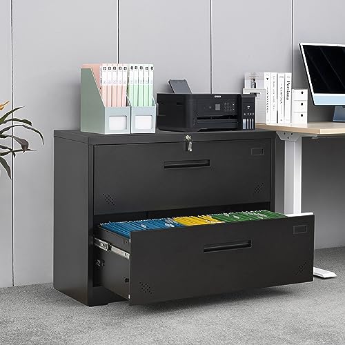 Approgreent Lateral File Cabinet with 2 Drawer, Filing Cabinet for Home Office, Metal File Cabinet with Lock, A4-Size/Letter-Size/Legal-Size, Black
