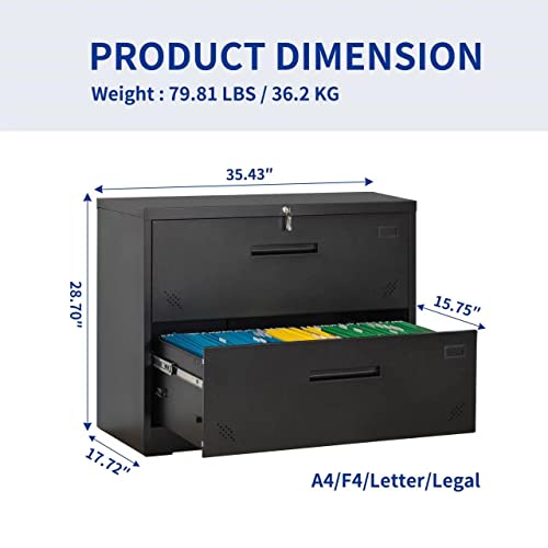 Approgreent Lateral File Cabinet with 2 Drawer, Filing Cabinet for Home Office, Metal File Cabinet with Lock, A4-Size/Letter-Size/Legal-Size, Black