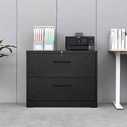 Approgreent Lateral File Cabinet with 2 Drawer, Filing Cabinet for Home Office, Metal File Cabinet with Lock, A4-Size/Letter-Size/Legal-Size, Black