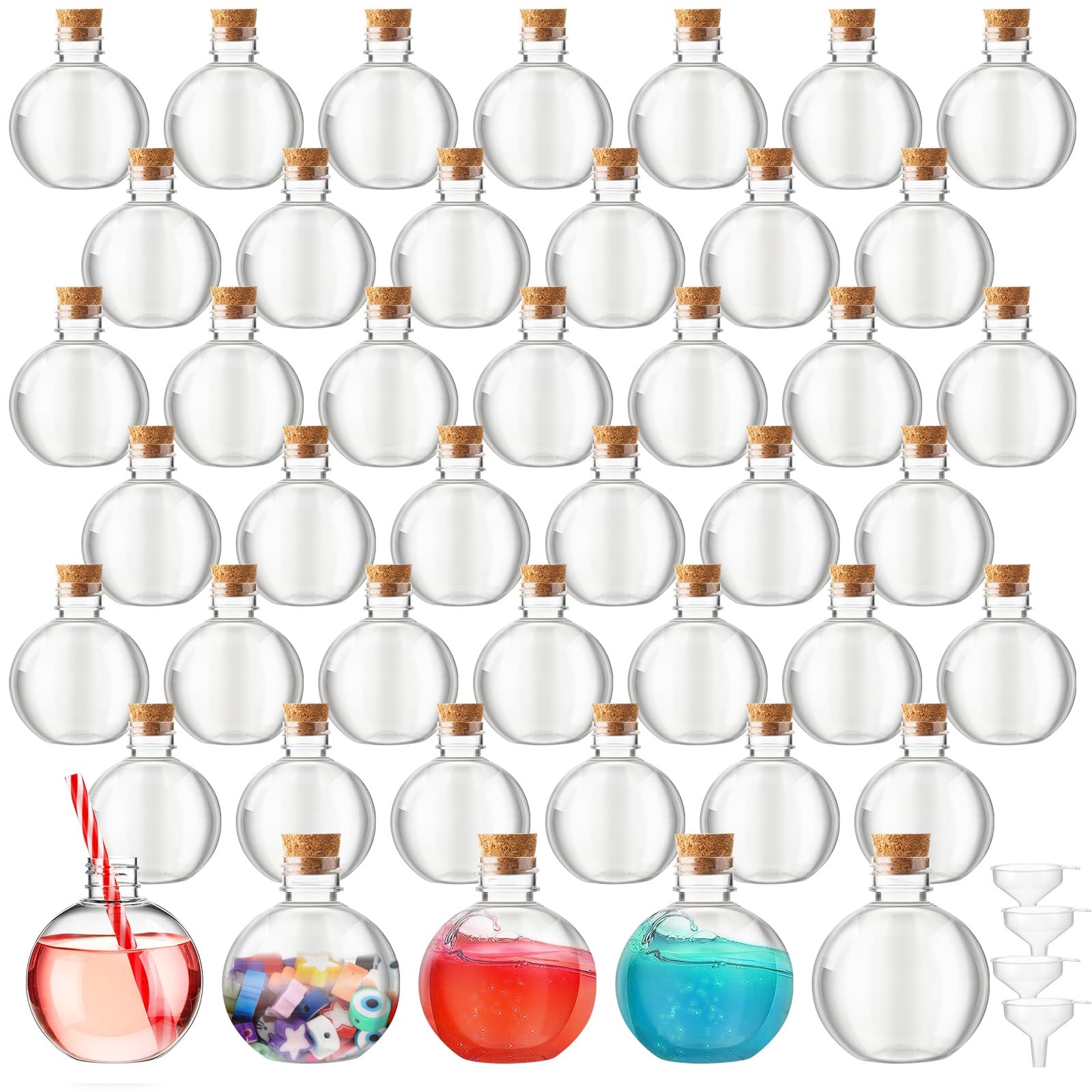 Layhit 50 Pack 6 oz Spherical Plastic Potion Bottles with Corks and Funnels Ball Shape Sand Art Bottles Christmas Cocktail Ornament for DIY Wedding Party Gift Crafts Decoration (Wood Color)