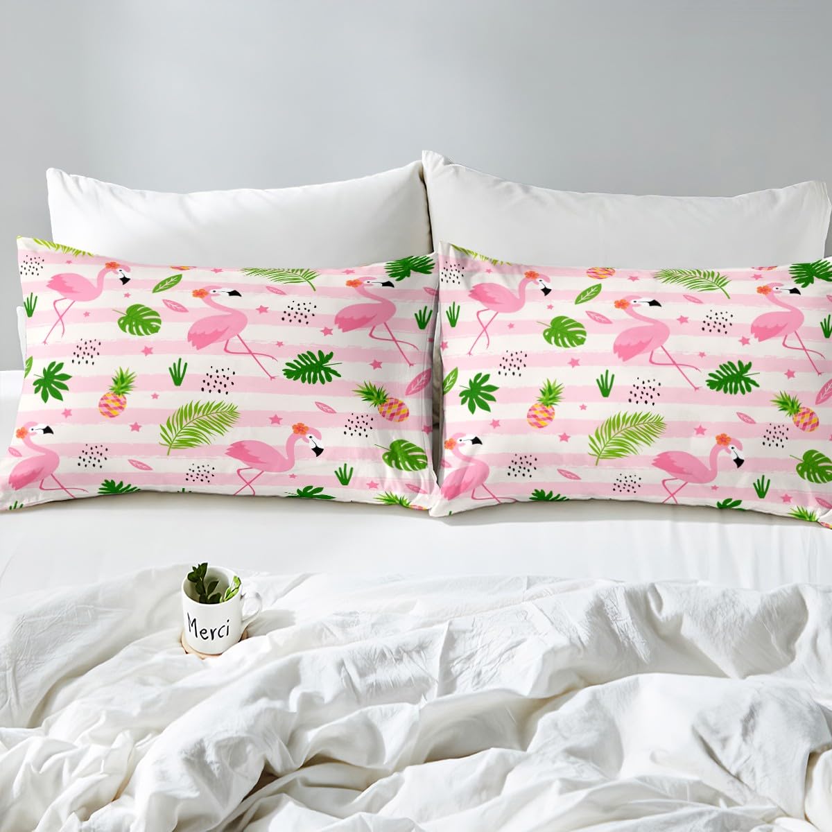 Feelyou Pink Flamingo Bed Sheet Set Full Size, Tropical Flamingo Fitted Sheet Flamingo Bedding Set Plam Leaves Bed Cover with 2 Pillow Case (No Flat Sheet)