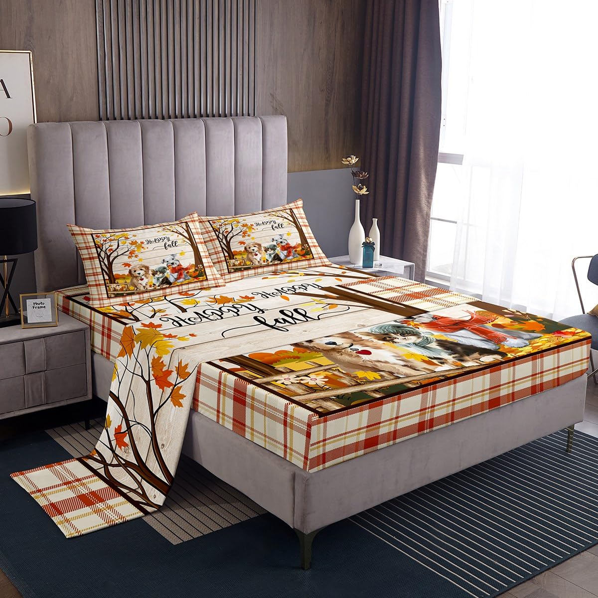 Castle Fairy Happy Fall Plaid Bed Sheet Set for Boys Girls,Cute Dog Cat Animals Halloween Bed Sheet Set Full Size Bedding Set,Maple Leaves Retro Check Geometric Fitted Sheet and 1 Flat, 2 Pillow Sham