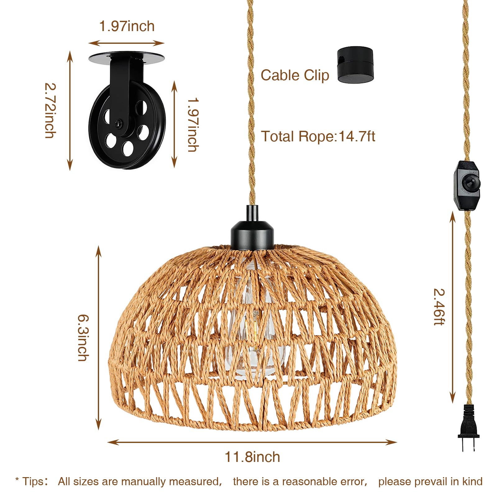 Rattan Plug in Pendant Light, Boho Hanging Lights with Plug in Cord 15ft, Handwoven Hemp Rope Chandelier Light Fixtures with Dimmer Switch for Bedroom Living Dinning Room Kitchen