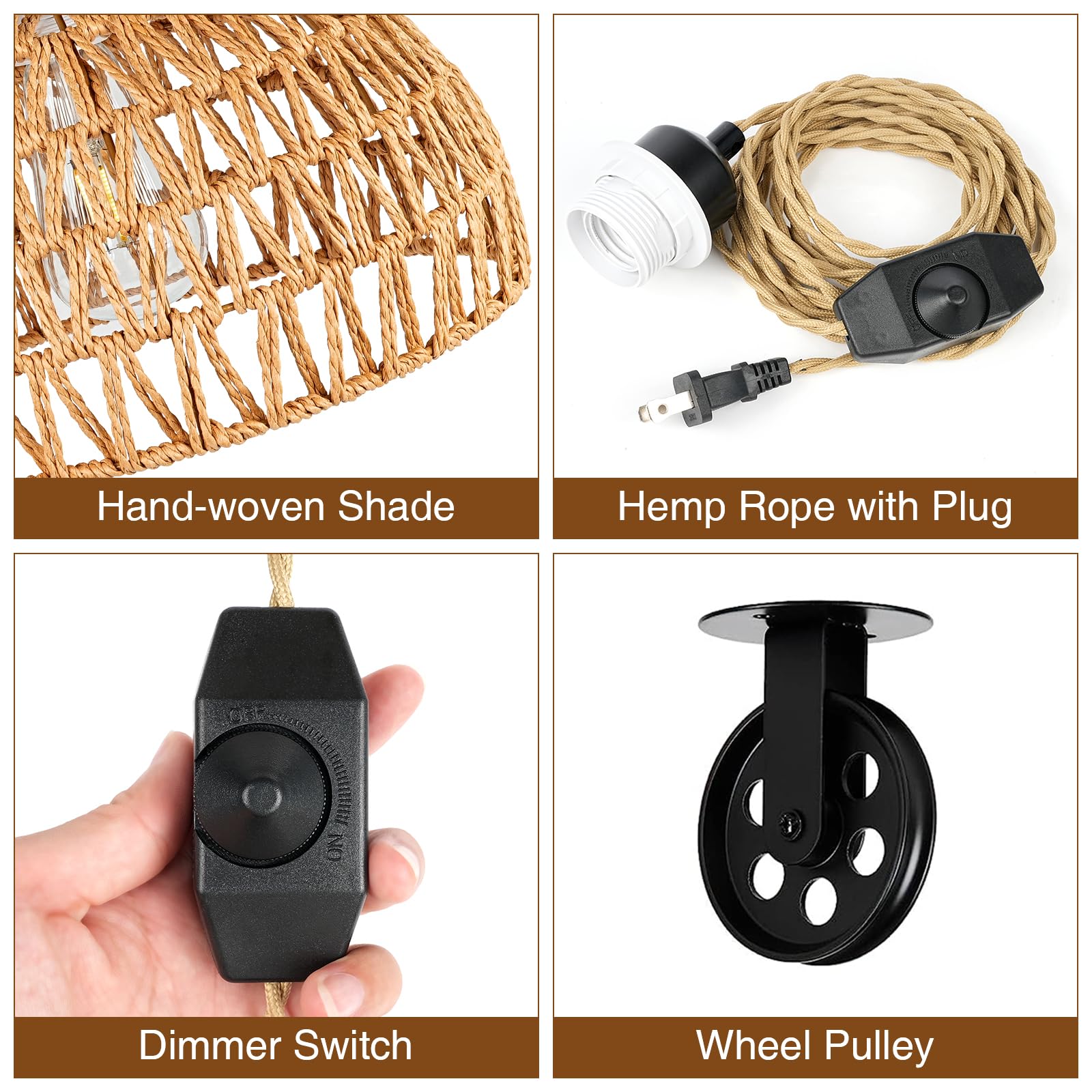 Rattan Plug in Pendant Light, Boho Hanging Lights with Plug in Cord 15ft, Handwoven Hemp Rope Chandelier Light Fixtures with Dimmer Switch for Bedroom Living Dinning Room Kitchen