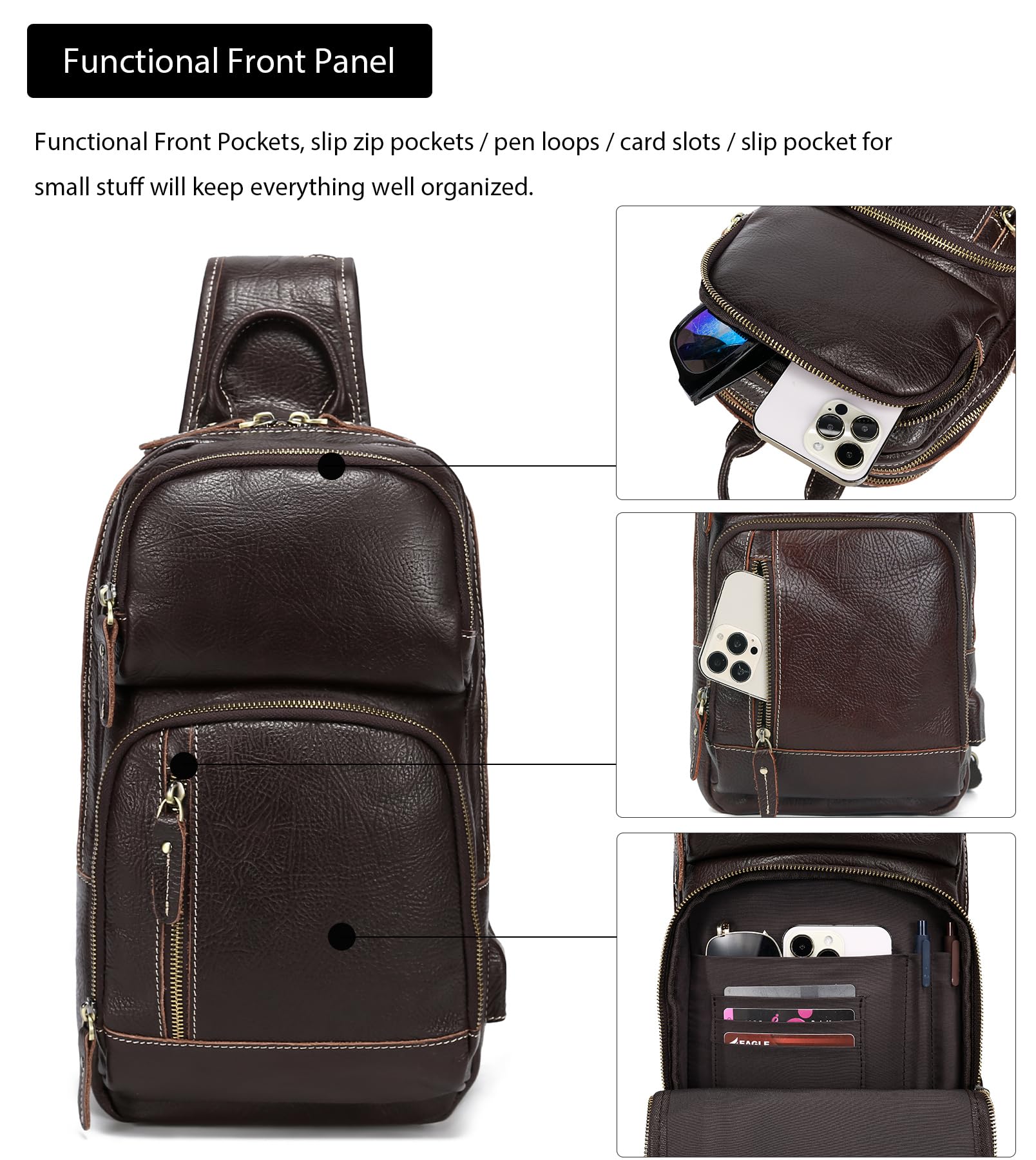 LANNSYNE Full Grain Leather Sling Bag For Men Crossbody Chest Daypack fits 10.5" iPad