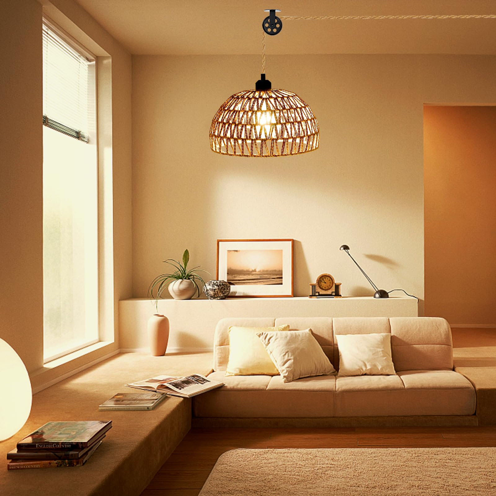Rattan Plug in Pendant Light, Boho Hanging Lights with Plug in Cord 15ft, Handwoven Hemp Rope Chandelier Light Fixtures with Dimmer Switch for Bedroom Living Dinning Room Kitchen