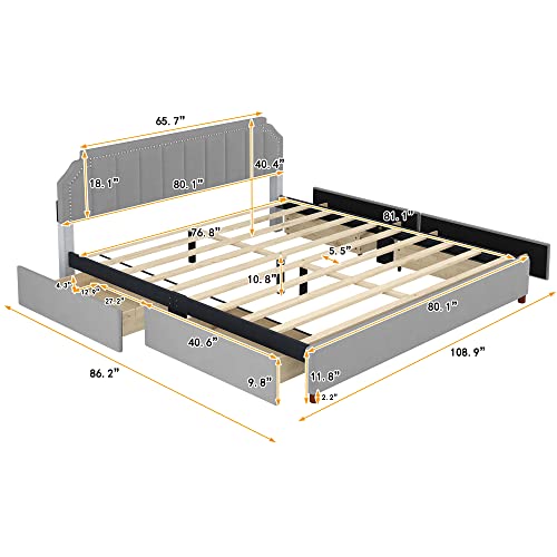 DEYOBED King Size Upholstered Platform Bed with Headboard, 4 Storage Drawers, and Support Legs, Bed Frame Perfect for Spacious Bedrooms - Sleek Grey Elegance