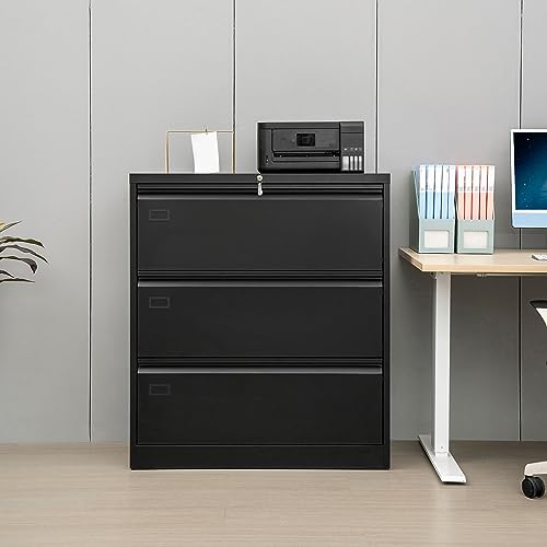 CuisinSmart File Cabinets, 3 Drawer Lateral File Cabinet for Legal/Letter/A4 FileMetal Wide Filing Organization Storage Cabinets with Lock for Home Office-Black