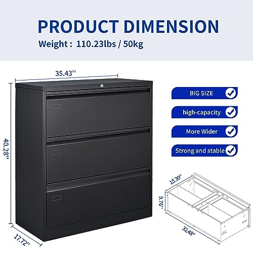 CuisinSmart File Cabinets, 3 Drawer Lateral File Cabinet for Legal/Letter/A4 FileMetal Wide Filing Organization Storage Cabinets with Lock for Home Office-Black
