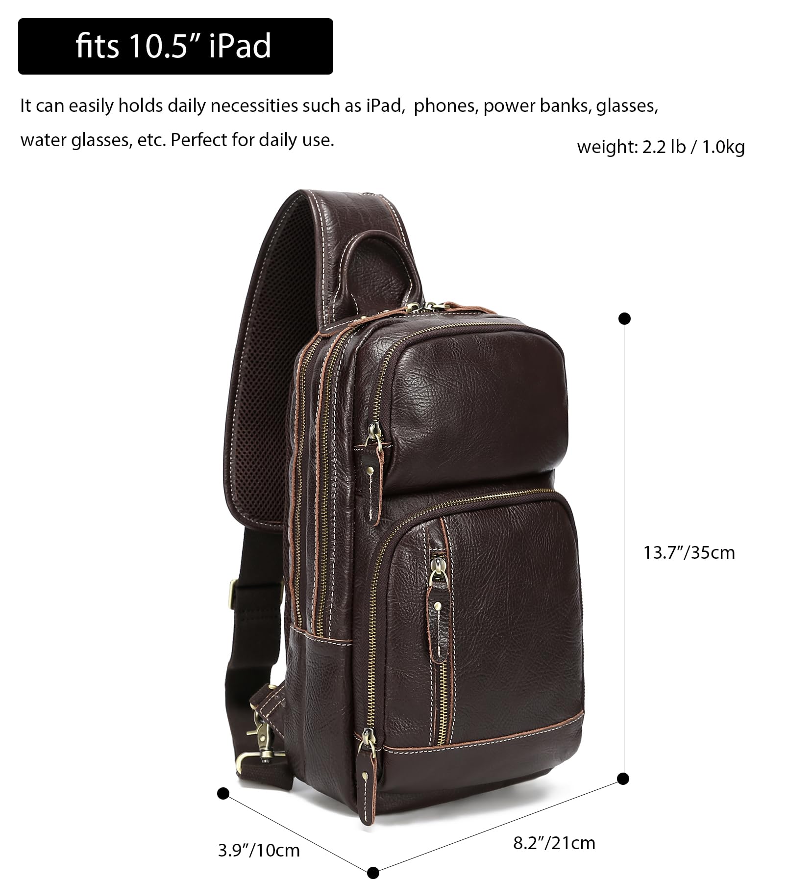 LANNSYNE Full Grain Leather Sling Bag For Men Crossbody Chest Daypack fits 10.5" iPad