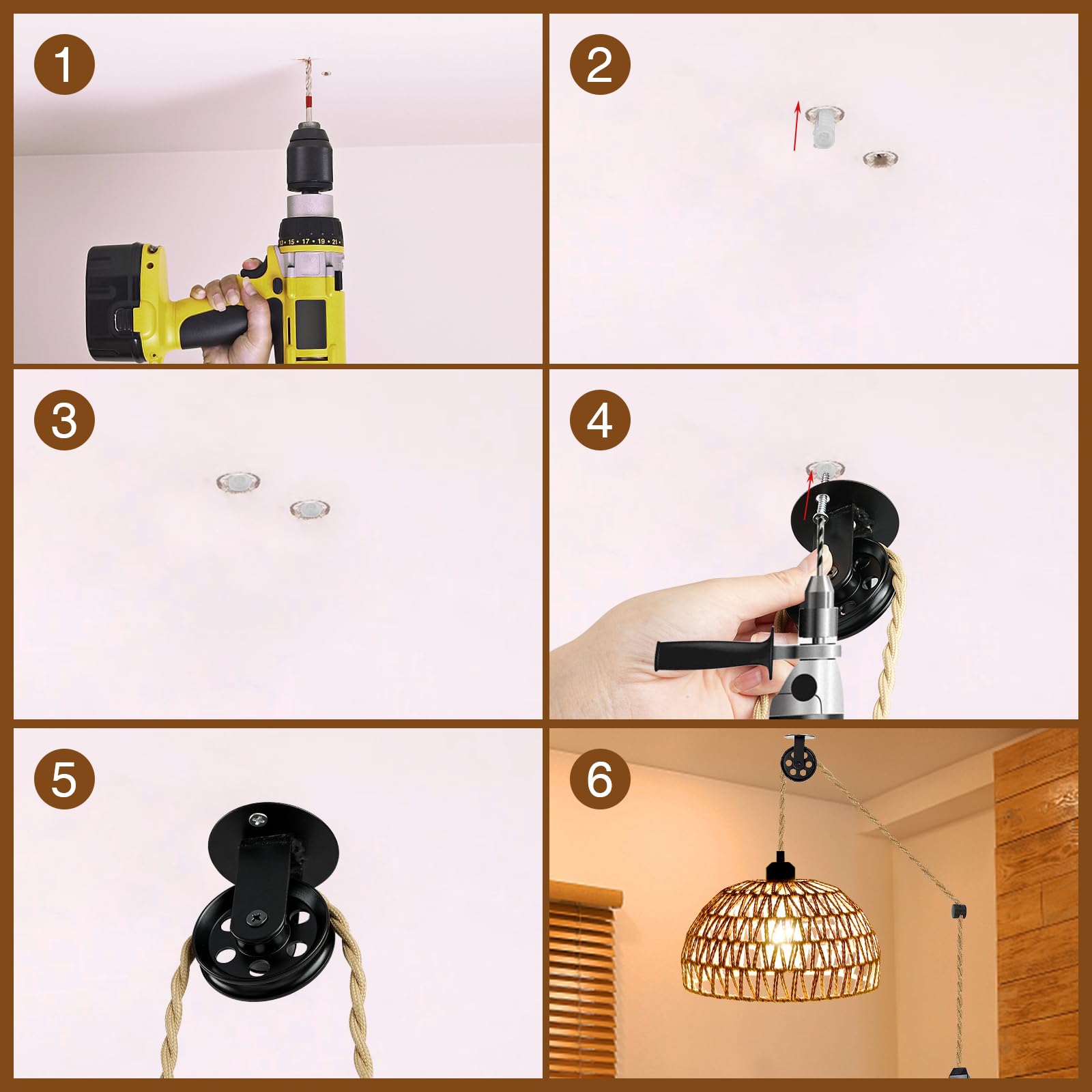 Rattan Plug in Pendant Light, Boho Hanging Lights with Plug in Cord 15ft, Handwoven Hemp Rope Chandelier Light Fixtures with Dimmer Switch for Bedroom Living Dinning Room Kitchen