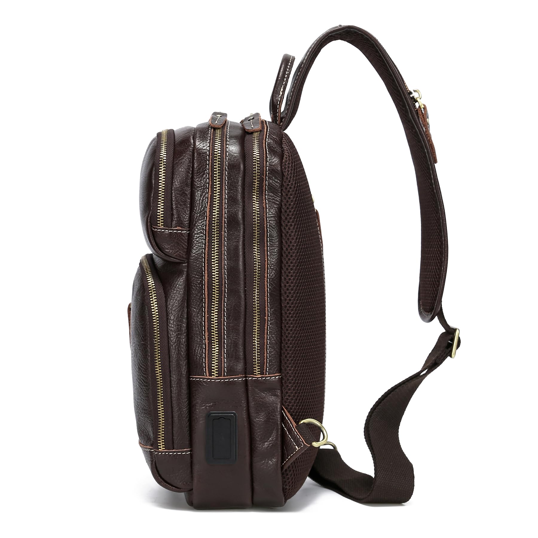 LANNSYNE Full Grain Leather Sling Bag For Men Crossbody Chest Daypack fits 10.5" iPad