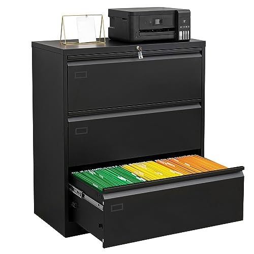 CuisinSmart File Cabinets, 3 Drawer Lateral File Cabinet for Legal/Letter/A4 FileMetal Wide Filing Organization Storage Cabinets with Lock for Home Office-Black