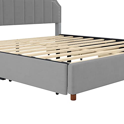 DEYOBED King Size Upholstered Platform Bed with Headboard, 4 Storage Drawers, and Support Legs, Bed Frame Perfect for Spacious Bedrooms - Sleek Grey Elegance