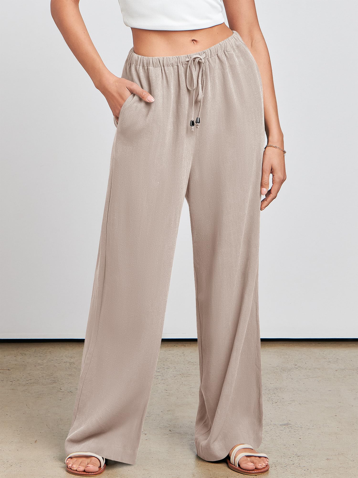 ANRABESS Women's Linen Summer Palazzo Pants Elastic Waist Casual Beach Trendy Wide Leg Trousers with Pockets Large Light Khaki