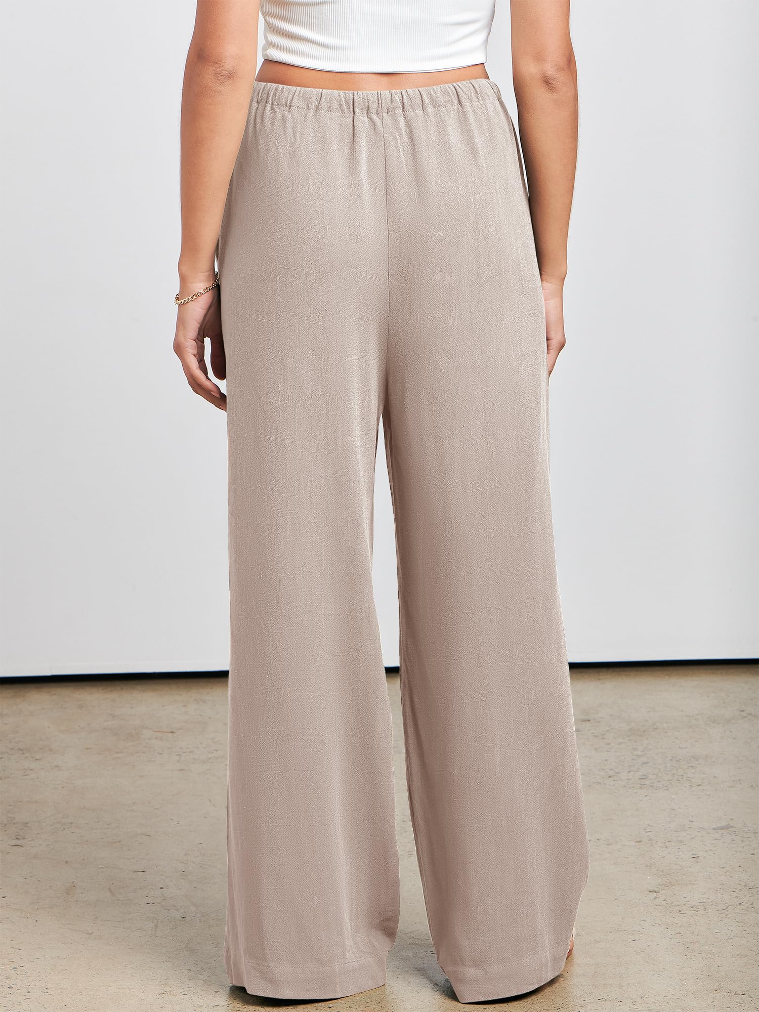 ANRABESS Women's Linen Summer Palazzo Pants Elastic Waist Casual Beach Trendy Wide Leg Trousers with Pockets Large Light Khaki