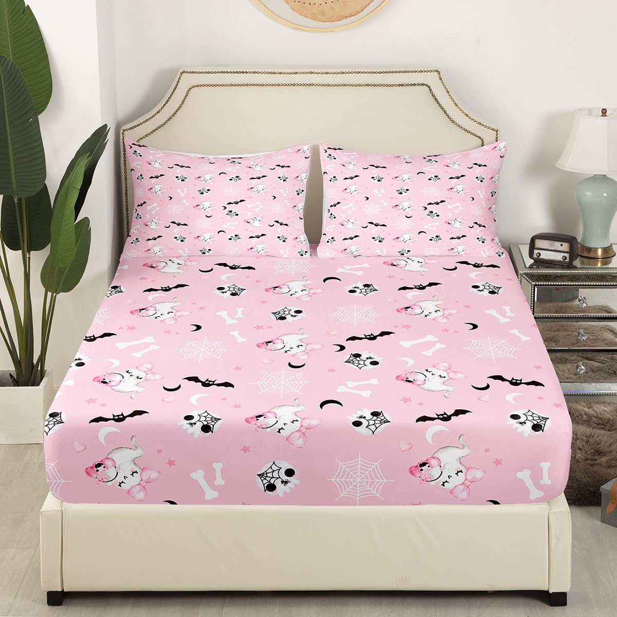 Feelyou Halloween Sheets Full Size with 2 Pillow Cases Halloween Decorations Bed Sheet Set Happy Halloween Bedding Set Moon Skull Flat Sheet for Boys Girls Kids Adults