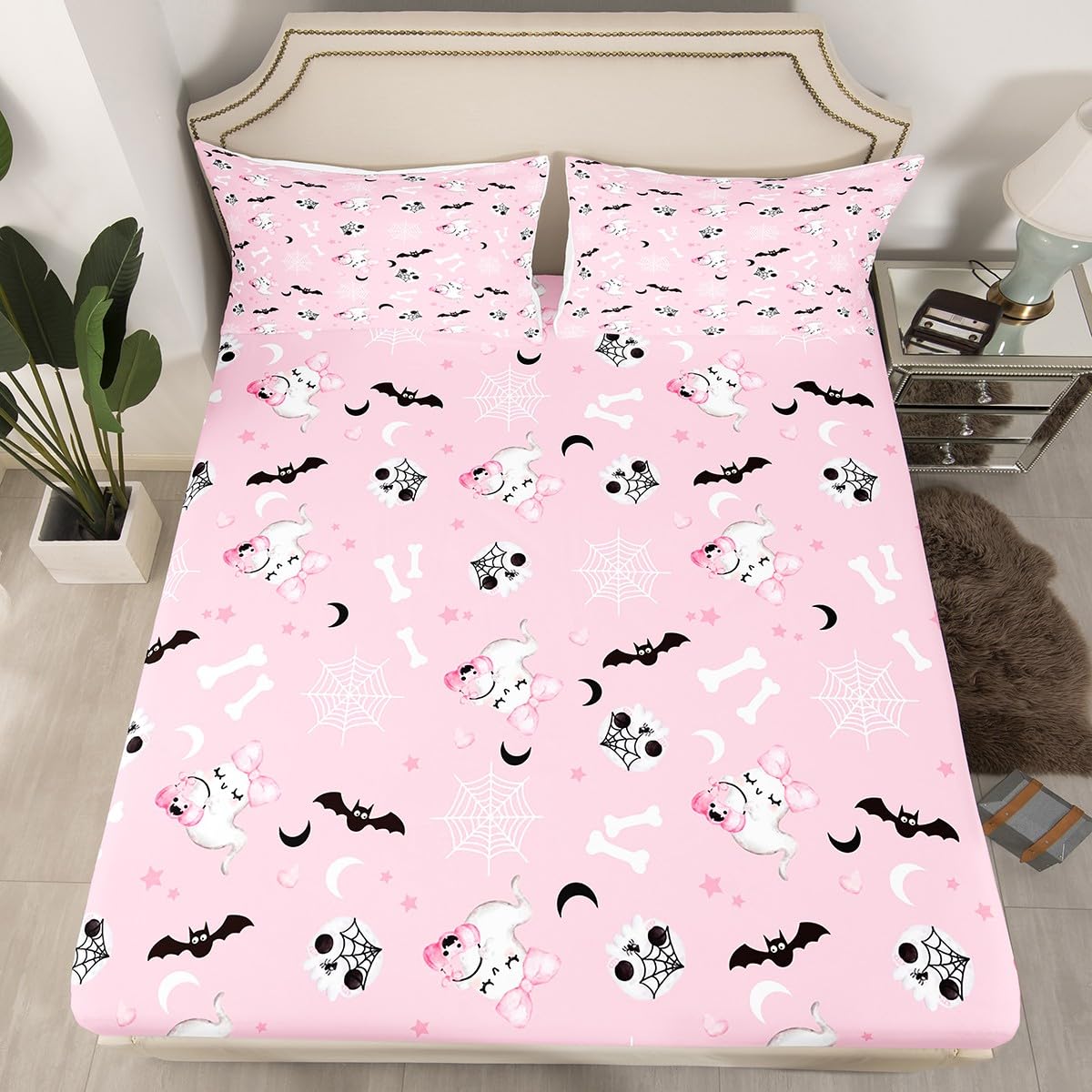 Feelyou Halloween Sheets Full Size with 2 Pillow Cases Halloween Decorations Bed Sheet Set Happy Halloween Bedding Set Moon Skull Flat Sheet for Boys Girls Kids Adults