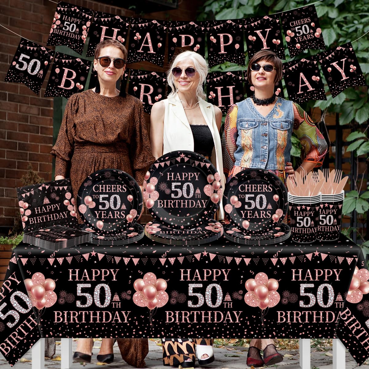 142Pcs Rose Gold 50th Birthday Decorations-Happy 50th Birthday Disposable Tableware for Women Rose Gold Birthday Plates and Napkins Set Serves 20 Guests