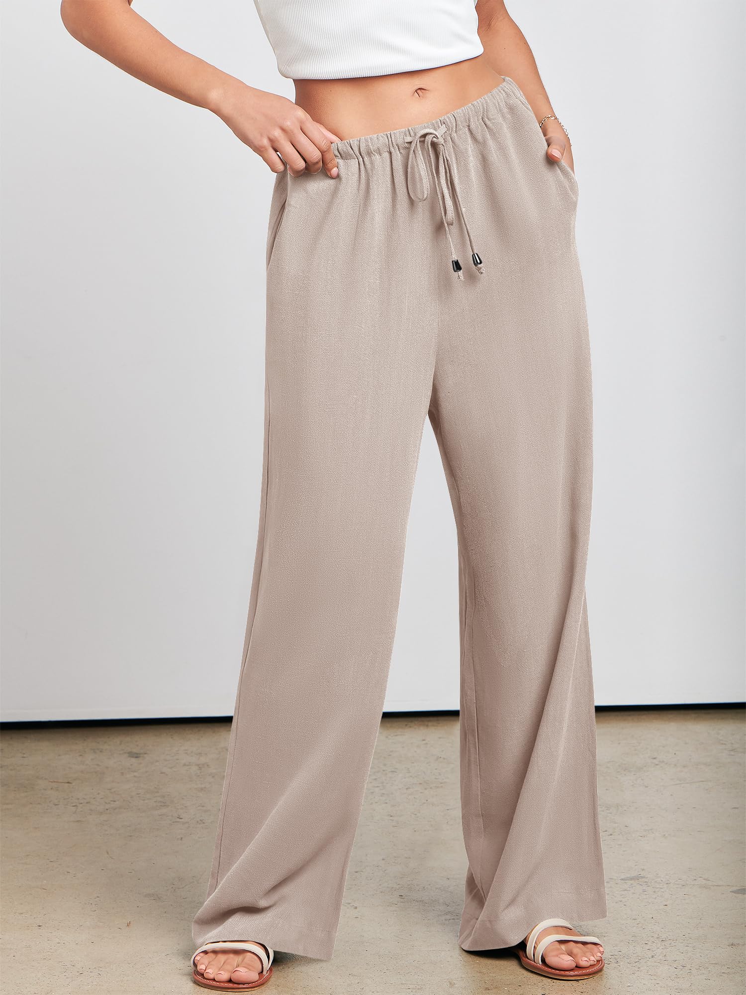 ANRABESS Women's Linen Summer Palazzo Pants Elastic Waist Casual Beach Trendy Wide Leg Trousers with Pockets Large Light Khaki