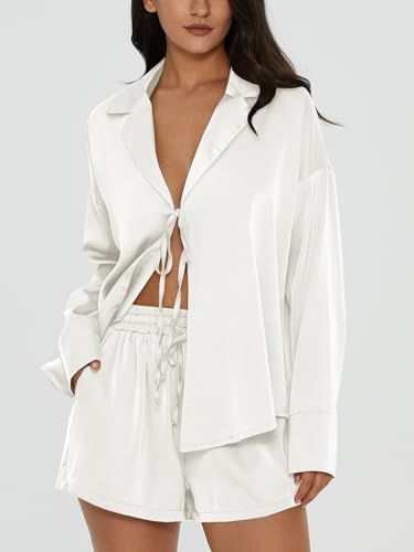 DEEP SELF Silk Pajama Sets for Women, Tie Front Long Sleeve Shirts and Shorts Satin Pj Set Soft Two Piece Sleepwear Lounge Sets (White, Large)