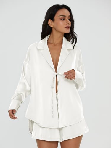 DEEP SELF Silk Pajama Sets for Women, Tie Front Long Sleeve Shirts and Shorts Satin Pj Set Soft Two Piece Sleepwear Lounge Sets (White, Large)