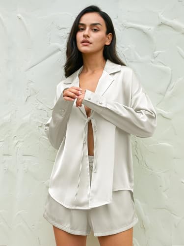 DEEP SELF Silk Pajama Sets for Women, Tie Front Long Sleeve Shirts and Shorts Satin Pj Set Soft Two Piece Sleepwear Lounge Sets (White, Large)