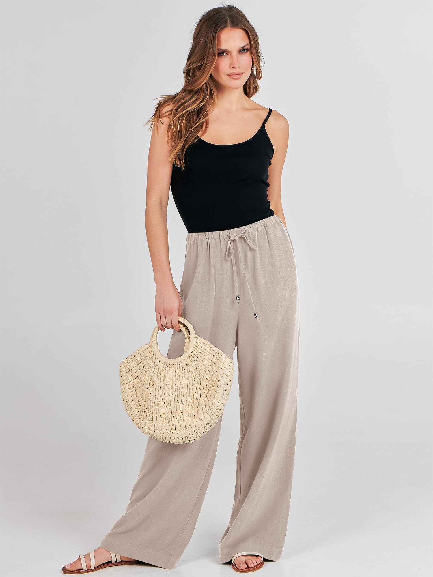 ANRABESS Women's Linen Summer Palazzo Pants Elastic Waist Casual Beach Trendy Wide Leg Trousers with Pockets Large Light Khaki