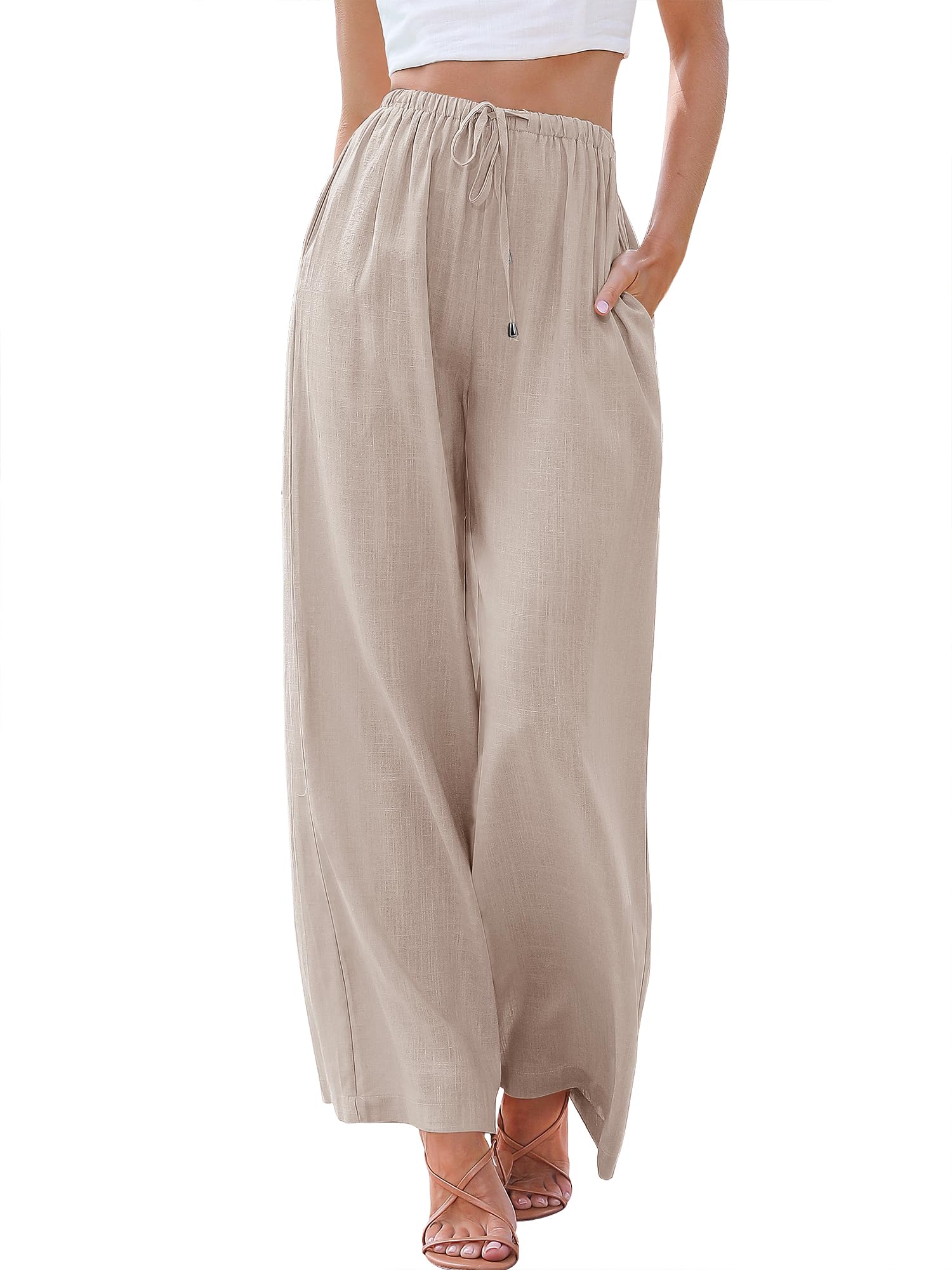 ANRABESS Women's Linen Summer Palazzo Pants Elastic Waist Casual Beach Trendy Wide Leg Trousers with Pockets Large Light Khaki