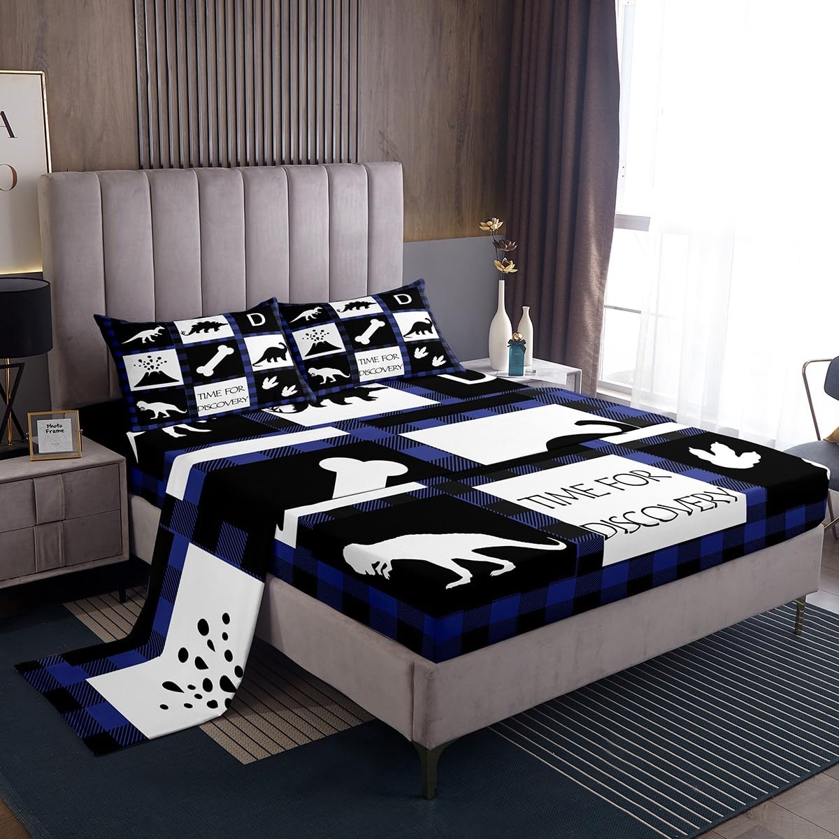 Cartoon Dinosaur Bed Sheets Twin Size 3 Pcs Cute Wild Animal Paw Print Decor Sheets Set for Kids Teens Adults Blue Black White Grid Jungle Style Bedding Set with Flat,Fitted Sheet,1 Pillowcase