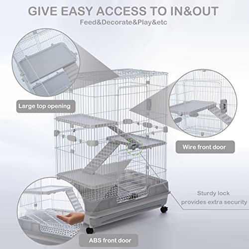 Gecheer 4-Tier 32" Small Animal Metal Cage Height Adjustable with Lockable Casters Grilles Pull-Out Tray for Rabbit Chinchilla Ferret Bunny Guinea Pig Squirrel Hedgehog Grey