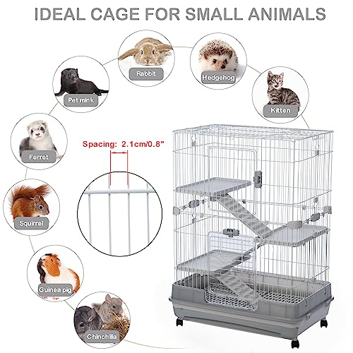 Gecheer 4-Tier 32" Small Animal Metal Cage Height Adjustable with Lockable Casters Grilles Pull-Out Tray for Rabbit Chinchilla Ferret Bunny Guinea Pig Squirrel Hedgehog Grey