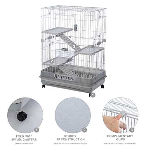 Gecheer 4-Tier 32" Small Animal Metal Cage Height Adjustable with Lockable Casters Grilles Pull-Out Tray for Rabbit Chinchilla Ferret Bunny Guinea Pig Squirrel Hedgehog Grey