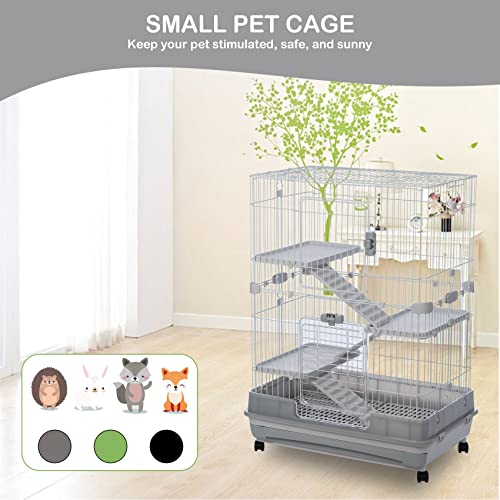 Gecheer 4-Tier 32" Small Animal Metal Cage Height Adjustable with Lockable Casters Grilles Pull-Out Tray for Rabbit Chinchilla Ferret Bunny Guinea Pig Squirrel Hedgehog Grey