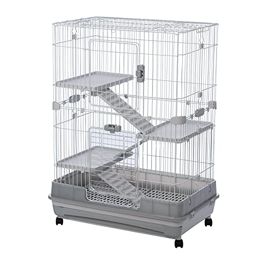 Gecheer 4-Tier 32" Small Animal Metal Cage Height Adjustable with Lockable Casters Grilles Pull-Out Tray for Rabbit Chinchilla Ferret Bunny Guinea Pig Squirrel Hedgehog Grey