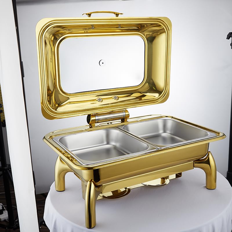 HONHPD Gold Chafing Dish Buffet Set,9 Quart Rectangular Chafer, with Glass Top, Soft-Close Lid,Food Pan, Water Pan and Fuel Holders, for Wedding, Parties, Banquet,Catering Events (2 Half Size)