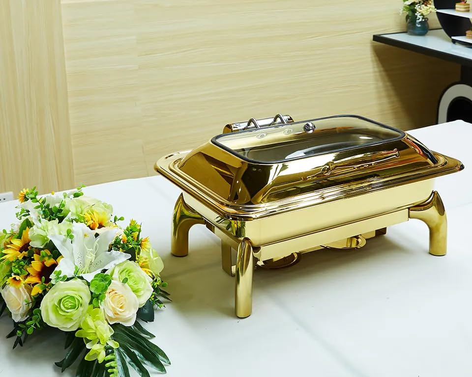 HONHPD Gold Chafing Dish Buffet Set,9 Quart Rectangular Chafer, with Glass Top, Soft-Close Lid,Food Pan, Water Pan and Fuel Holders, for Wedding, Parties, Banquet,Catering Events (2 Half Size)