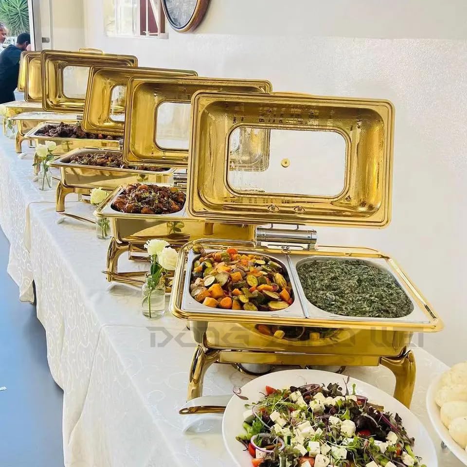 HONHPD Gold Chafing Dish Buffet Set,9 Quart Rectangular Chafer, with Glass Top, Soft-Close Lid,Food Pan, Water Pan and Fuel Holders, for Wedding, Parties, Banquet,Catering Events (2 Half Size)