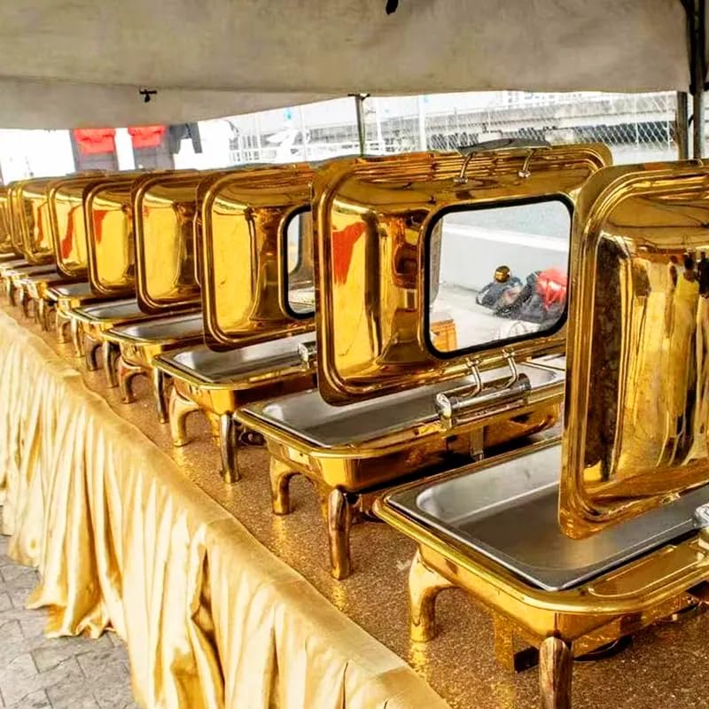 HONHPD Gold Chafing Dish Buffet Set,9 Quart Rectangular Chafer, with Glass Top, Soft-Close Lid,Food Pan, Water Pan and Fuel Holders, for Wedding, Parties, Banquet,Catering Events (2 Half Size)