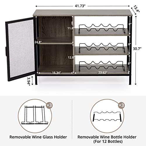 CuisinSmart Wine Rack Table with Glass Holder, Wine Bar Cabinet with Storage and 3-Tier Detachable Wine Rack, Coffee Bar Table Liquor Cabinet for Bar, Buffet, Living Room, Kitchen, Rustic Brown