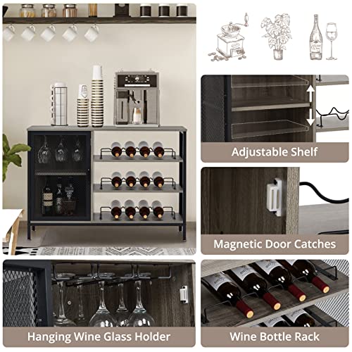 CuisinSmart Wine Rack Table with Glass Holder, Wine Bar Cabinet with Storage and 3-Tier Detachable Wine Rack, Coffee Bar Table Liquor Cabinet for Bar, Buffet, Living Room, Kitchen, Rustic Brown