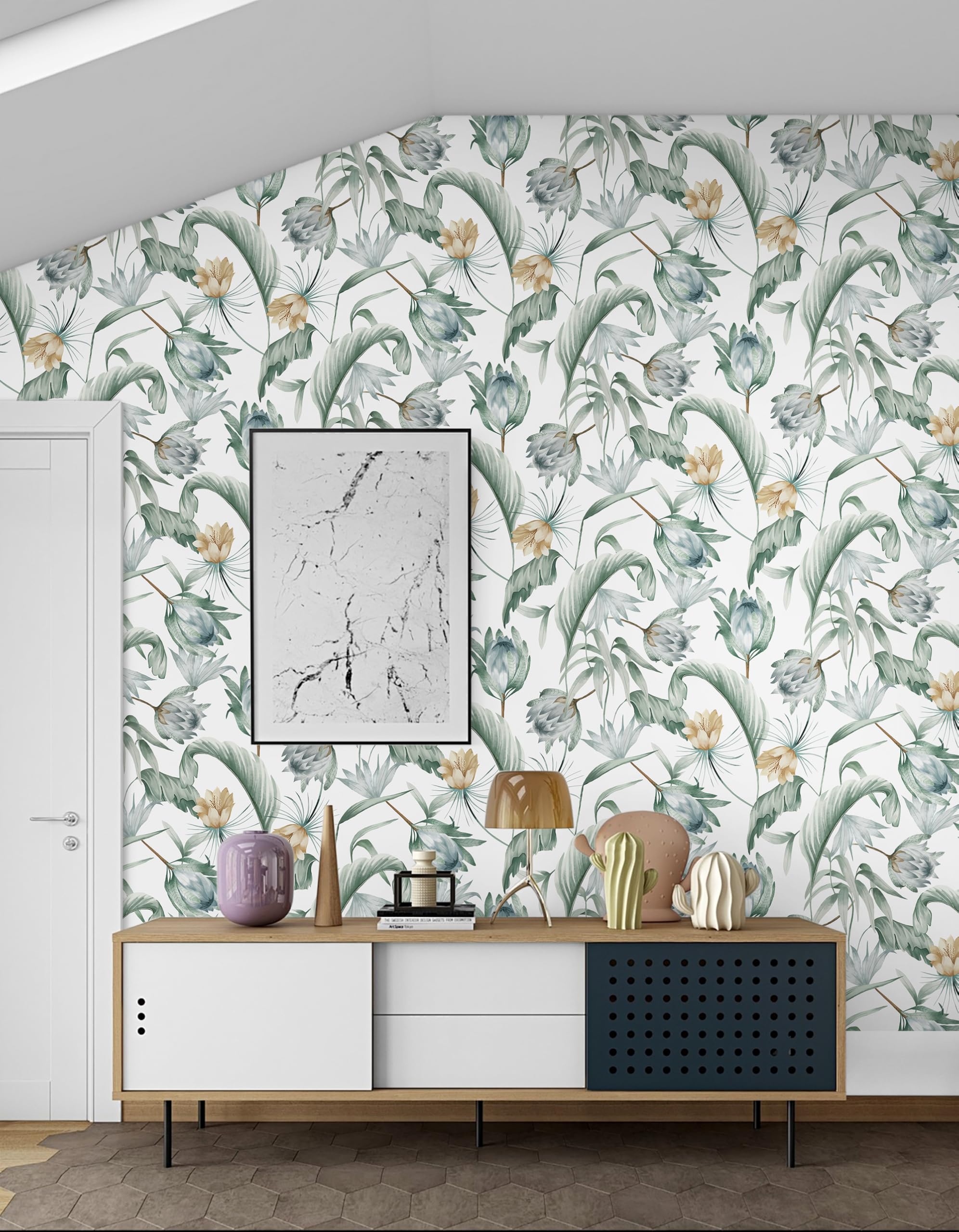 GloryTik 16.14" x 78.7" Green Leaf Floral Peel and Stick Wallpaper - Green and Blue Contact Paper, Removable Self-Adhesive, Waterproof Mural for Room Walls, Cabinets Decor