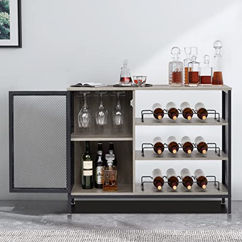 CuisinSmart Wine Rack Table with Glass Holder, Wine Bar Cabinet with Storage and 3-Tier Detachable Wine Rack, Coffee Bar Table Liquor Cabinet for Bar, Buffet, Living Room, Kitchen, Rustic Brown