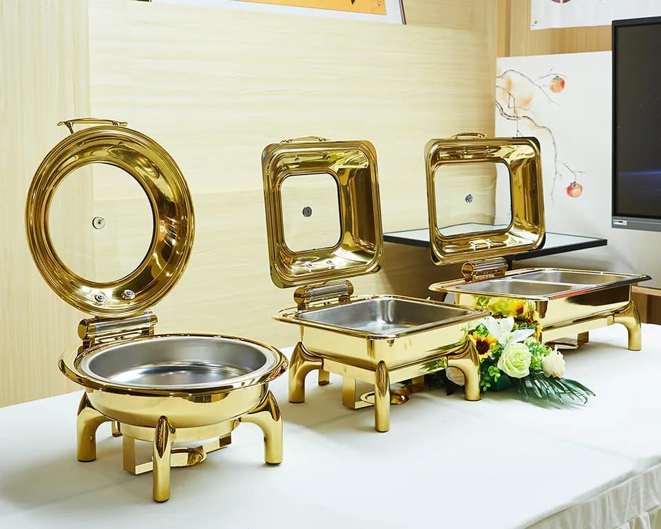 HONHPD Gold Chafing Dish Buffet Set,9 Quart Rectangular Chafer, with Glass Top, Soft-Close Lid,Food Pan, Water Pan and Fuel Holders, for Wedding, Parties, Banquet,Catering Events (2 Half Size)
